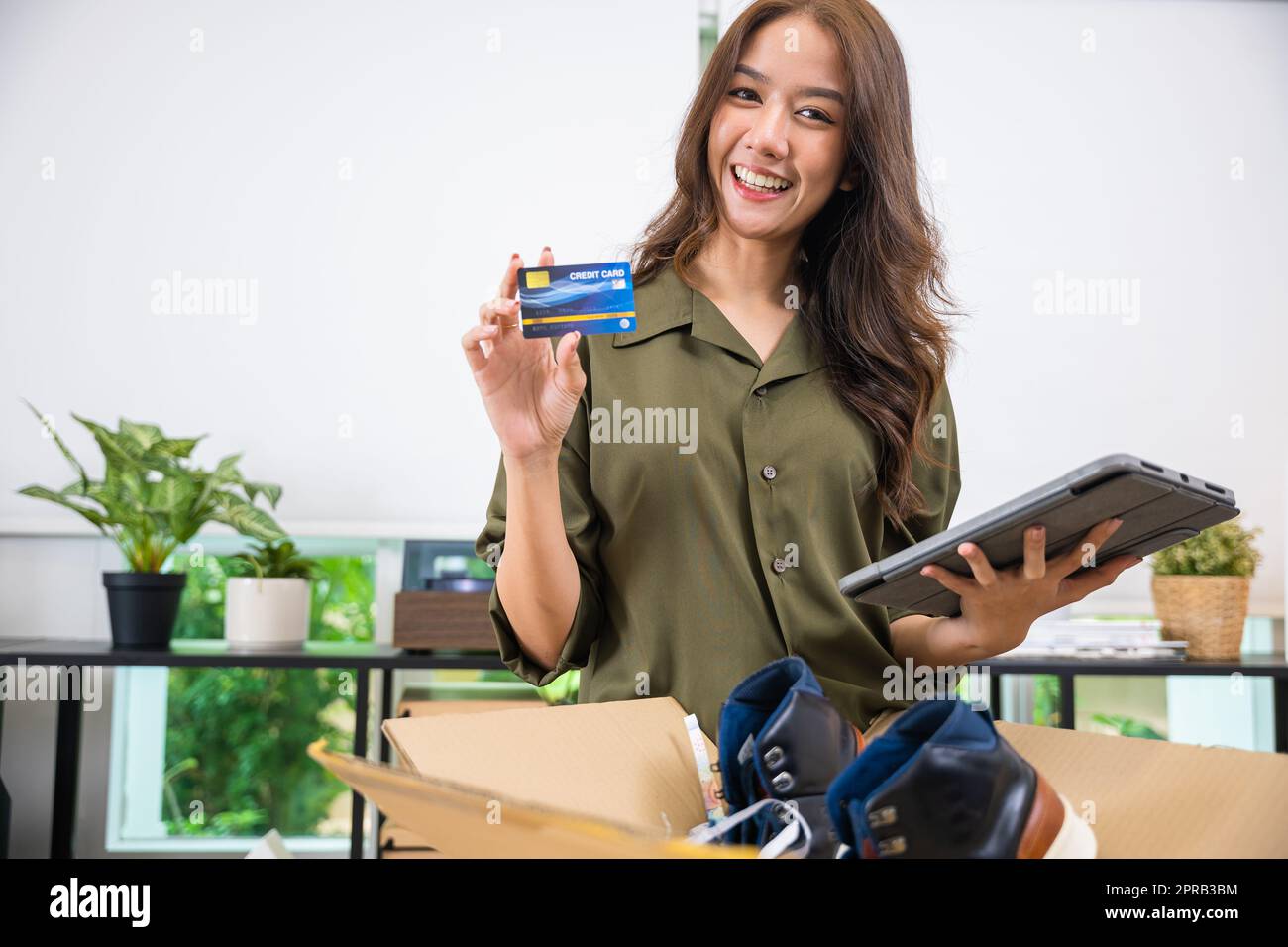 woman received online shopping parcel opening shoes boxes to checking ...