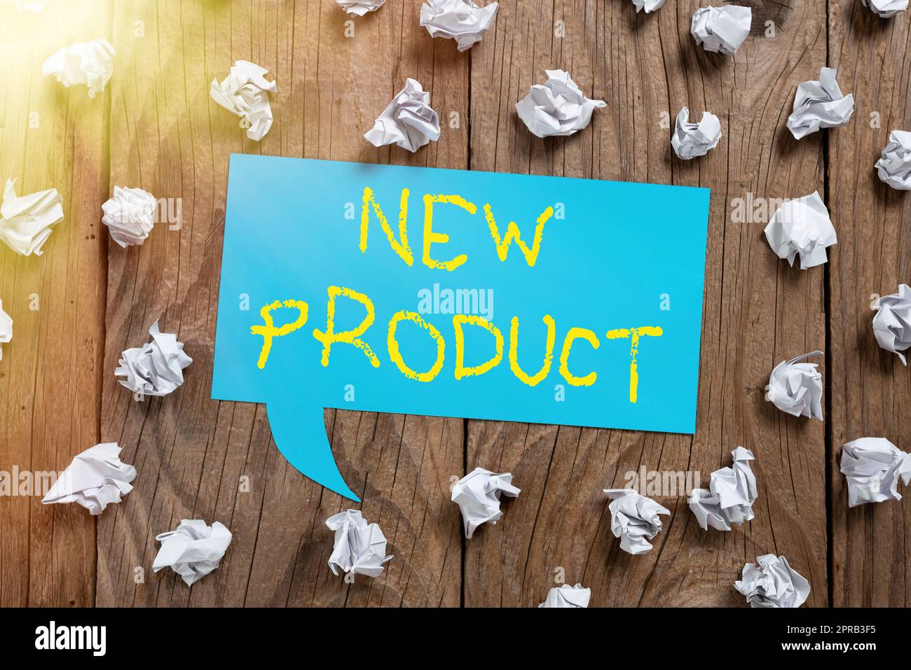 Writing displaying text New Product. Word Written on goods and services ...