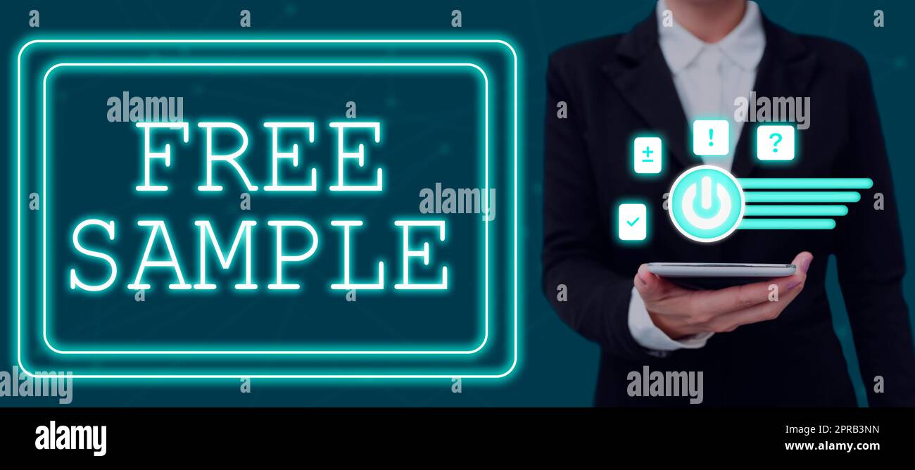Text sign showing Free Sample. Word for portion of products given to ...