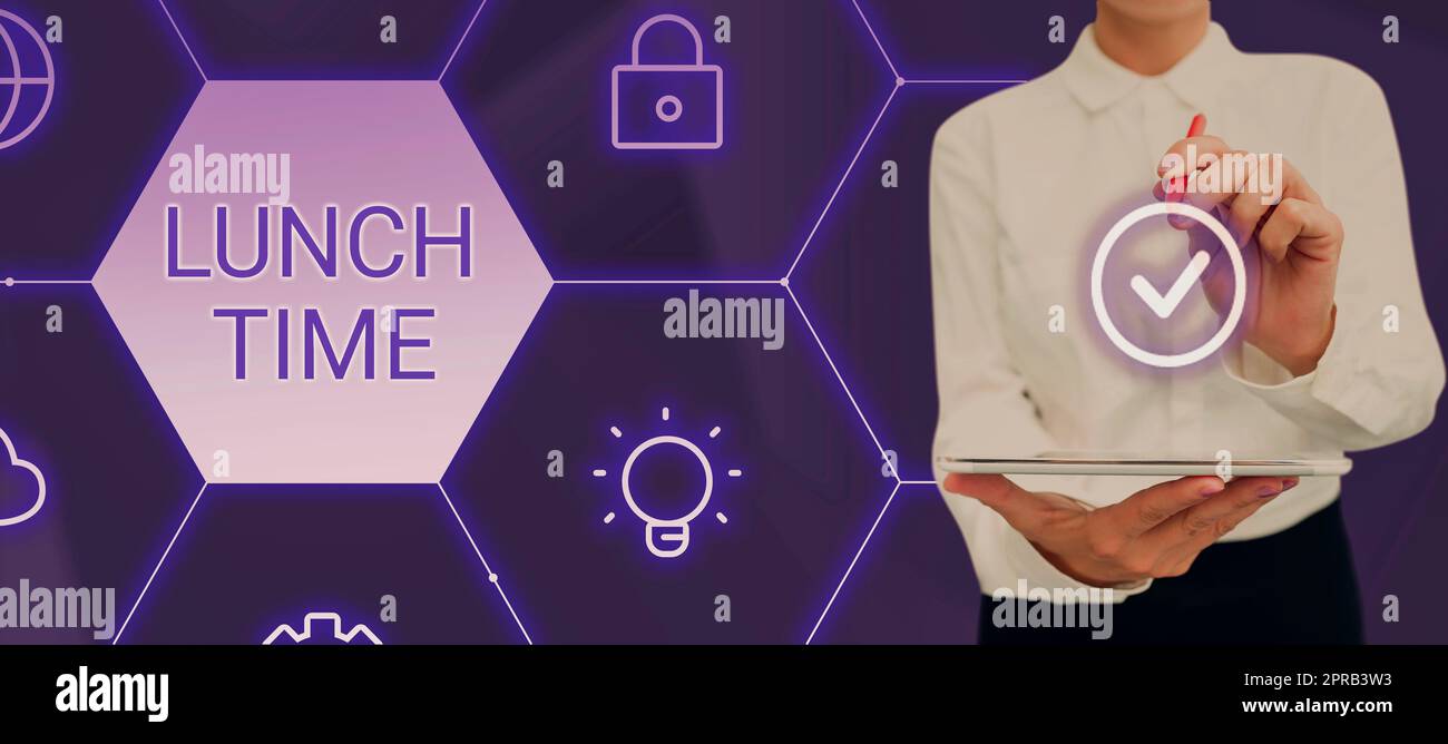 Text showing inspiration Lunch Time. Conceptual photo Meal in the ...