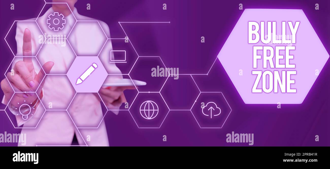 Hand writing sign Bully Free Zone. Business idea Be respectful to other ...