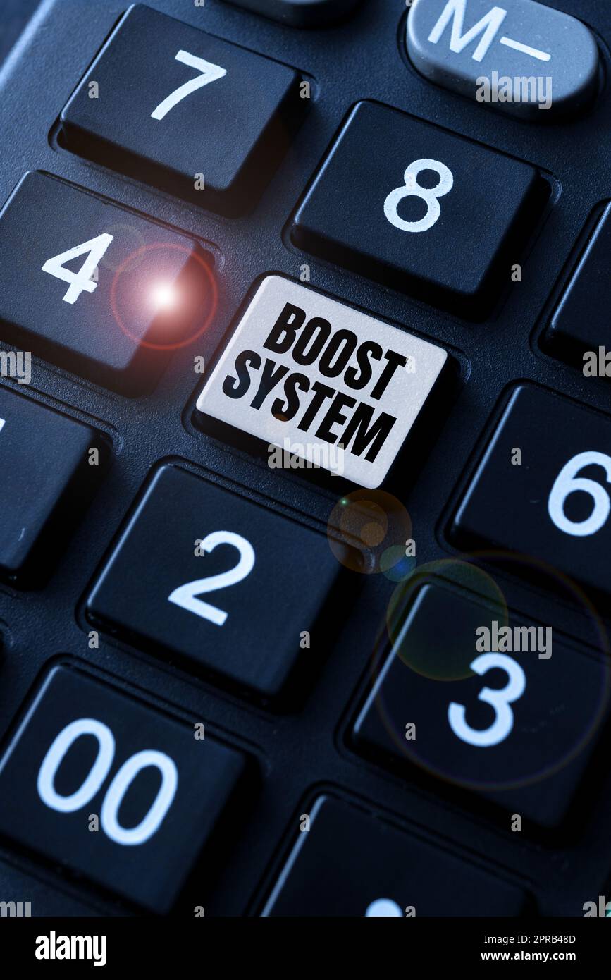 Text caption presenting Boost System. Business approach Rejuvenate Upgrade Strengthen Be ...