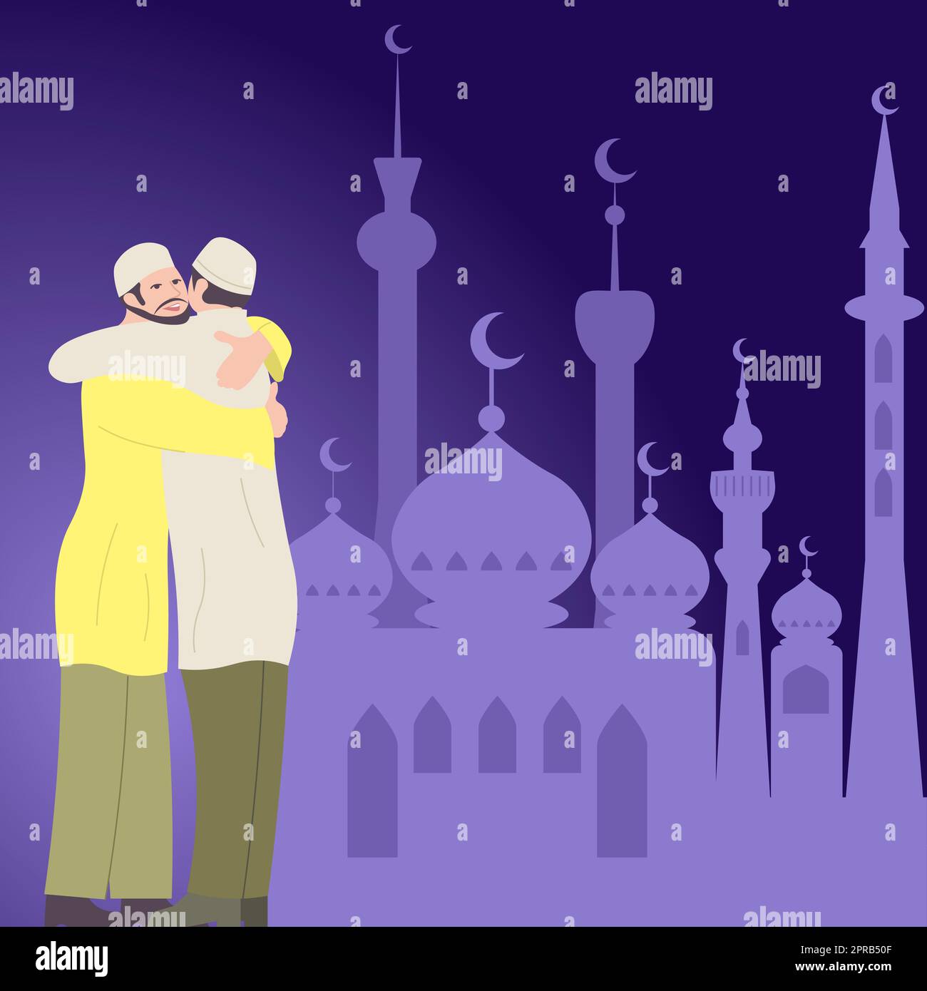 Friends Hugging In Front Of Mosque Celebrating Ramadan. Men In ...