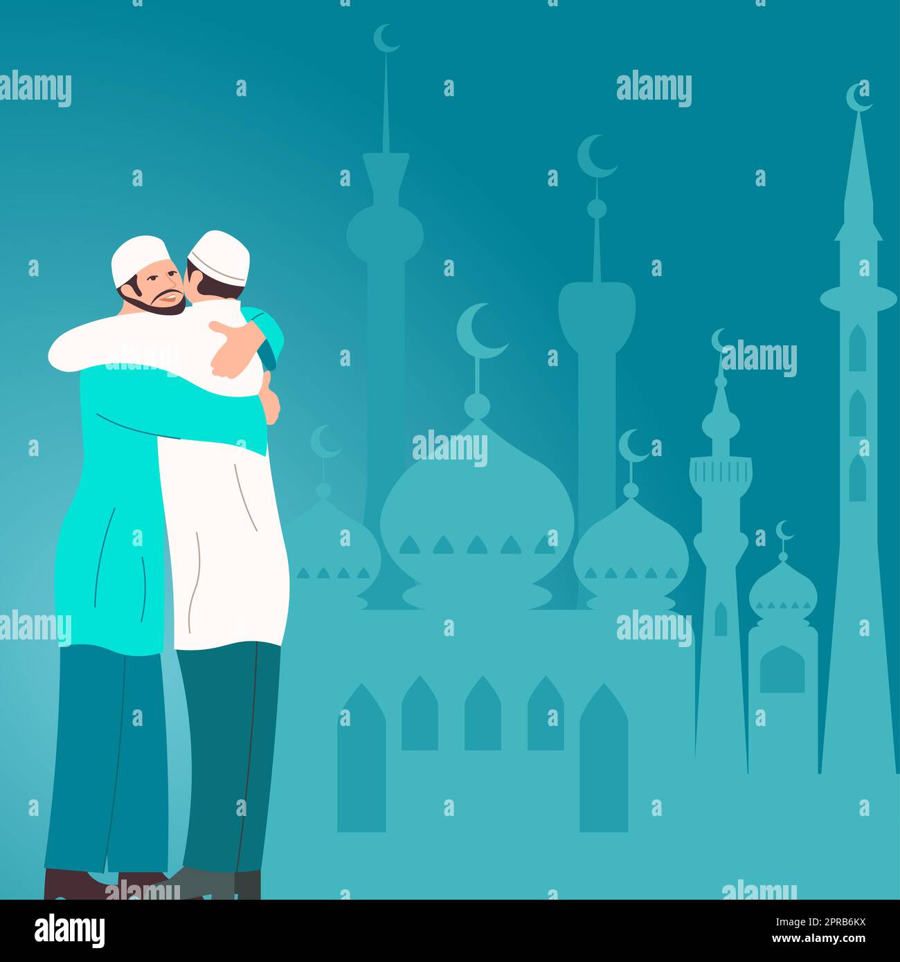 Friends Hugging In Front Of Mosque Celebrating Ramadan. Men In ...