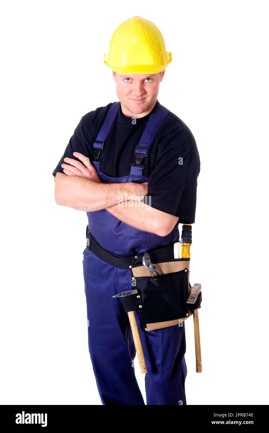 Portrait of a young craftsman, worker, fitter against white background ...
