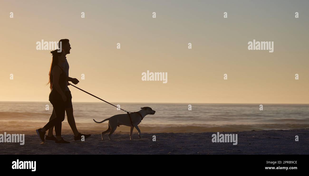 Our for a walk with our fur baby. a couple out for walk at the beach ...