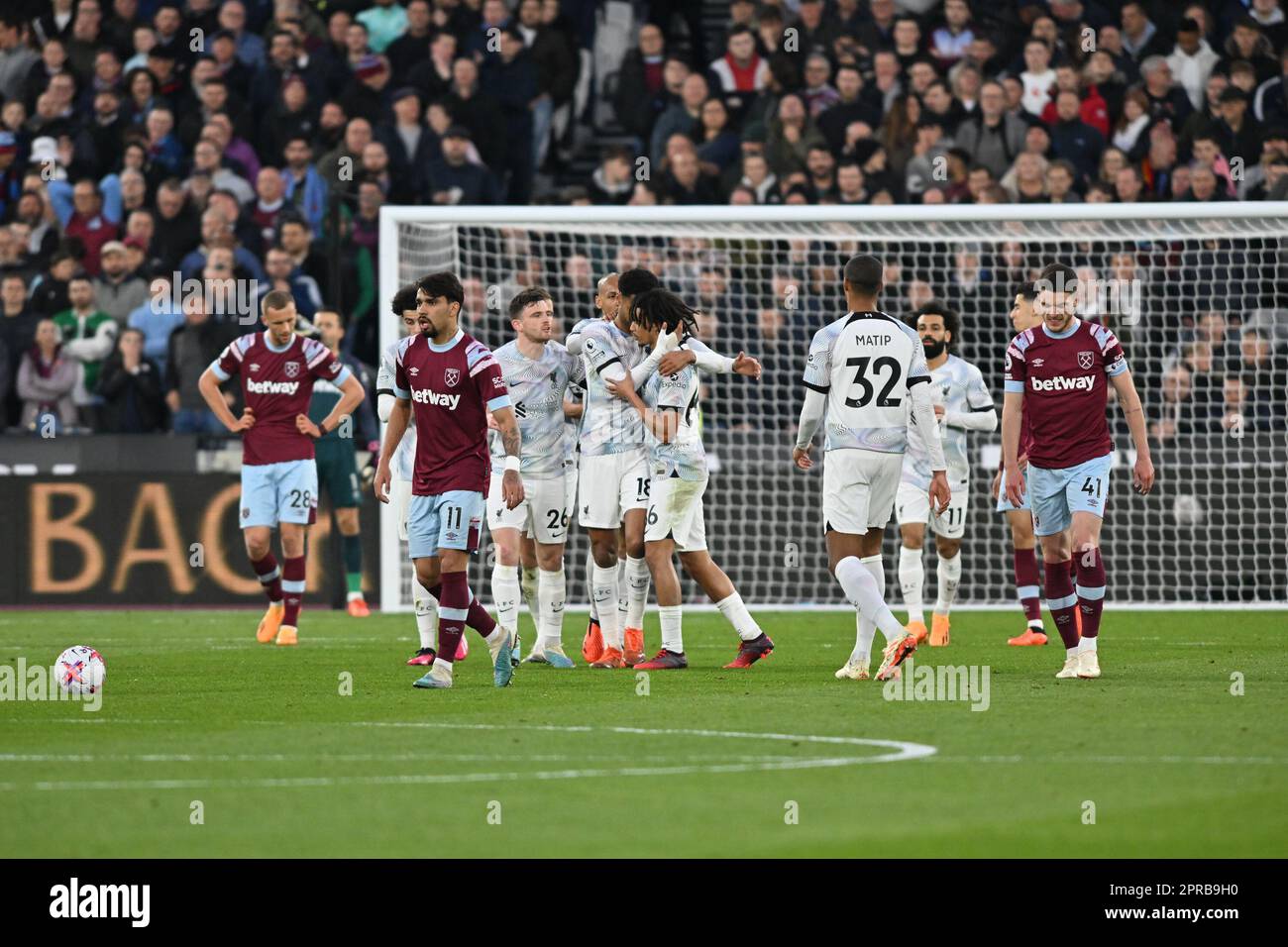 London, England on 26 April 2023. Liverpool FC celebrate Cody Gakpo of ...
