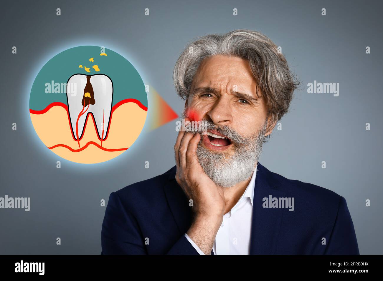 Mature man suffering from toothache on grey background Stock Photo - Alamy