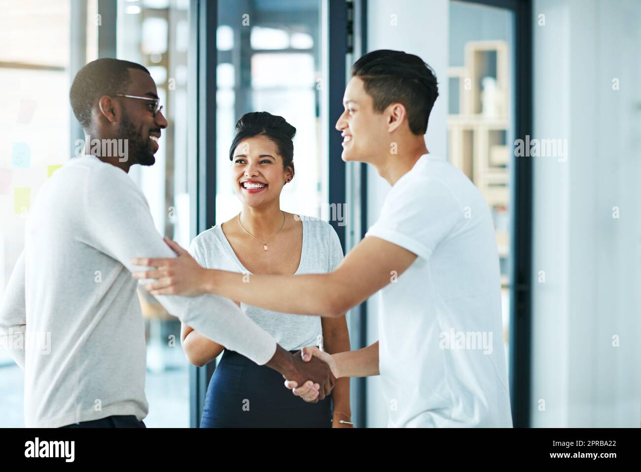 Handshake, teamwork and agreement of business people greeting in an ...