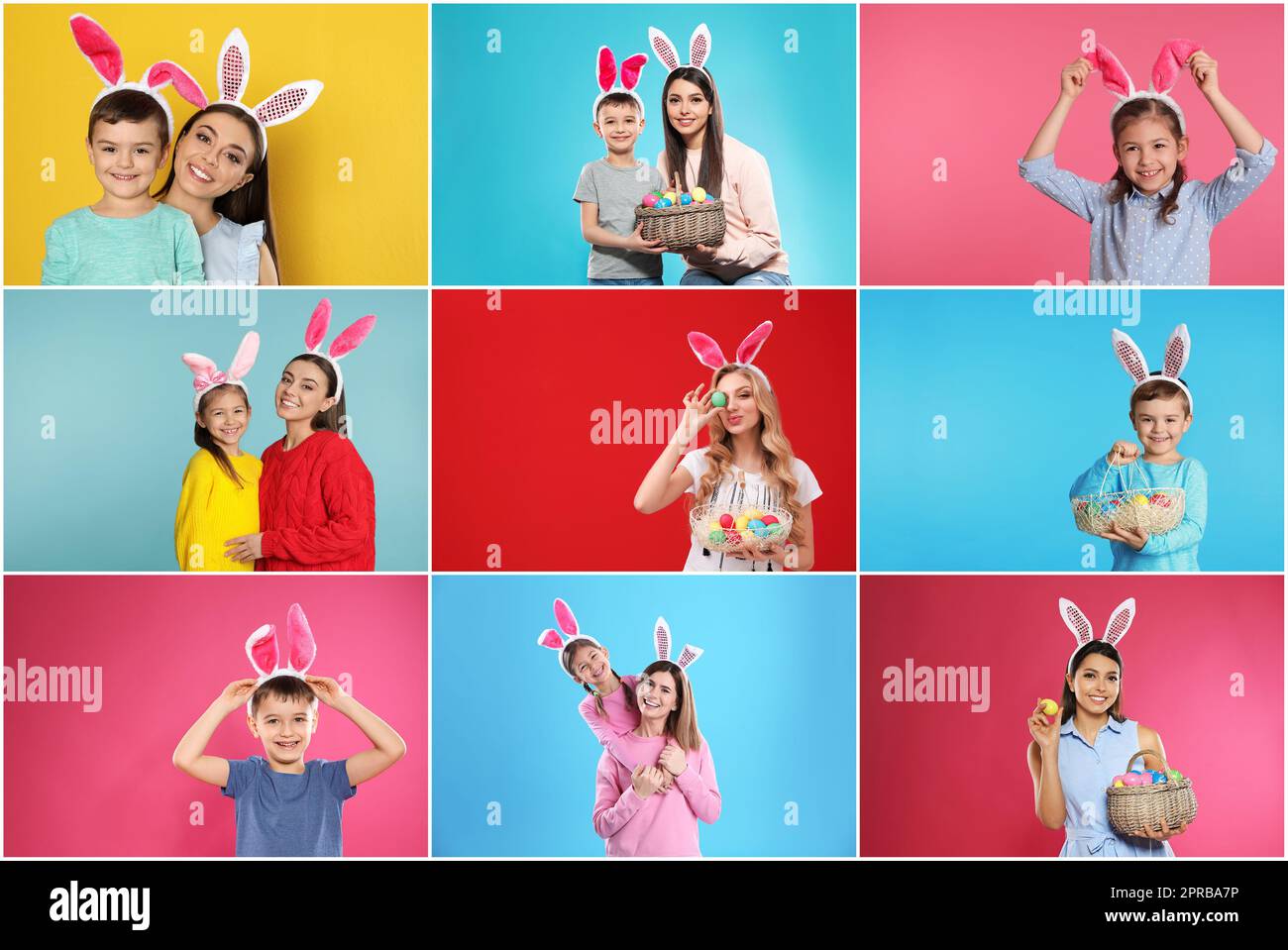 Collage photos of people wearing bunny ears headbands on different ...