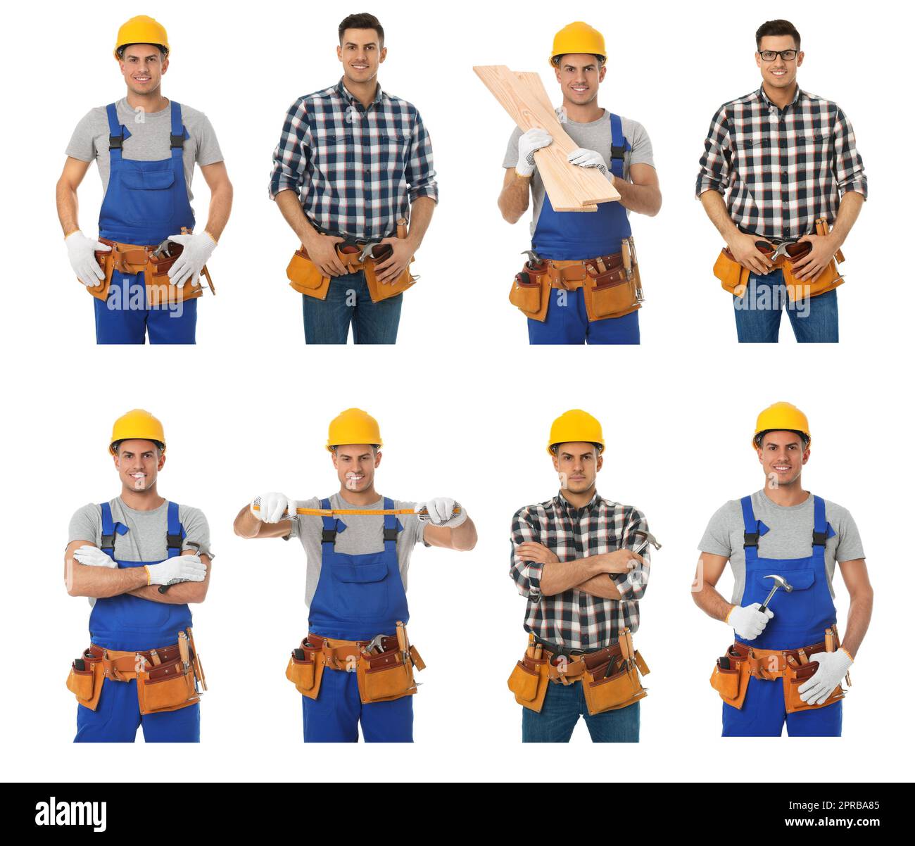 Collage with photos of carpenters on white background Stock Photo - Alamy