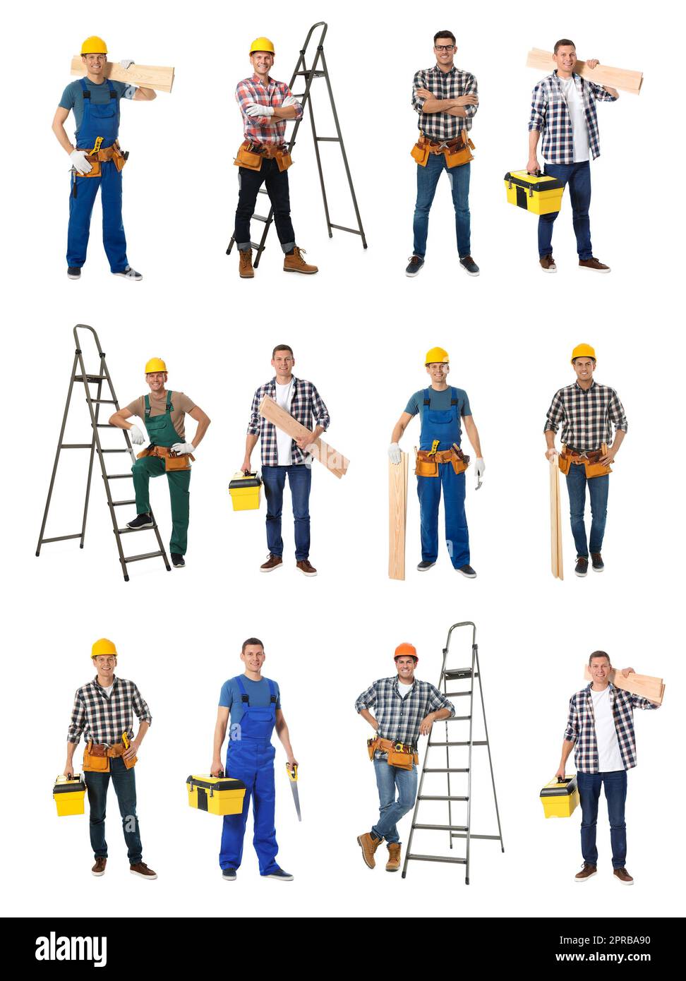 Collage with photos of carpenters on white background Stock Photo - Alamy