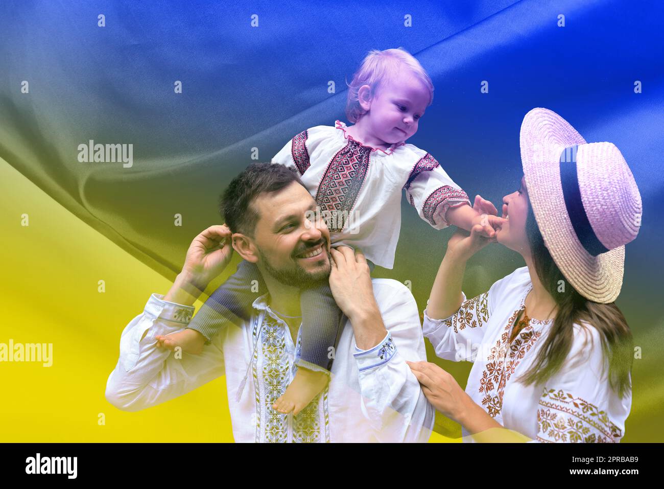 Double exposure of happy family wearing national clothes and Ukrainian ...