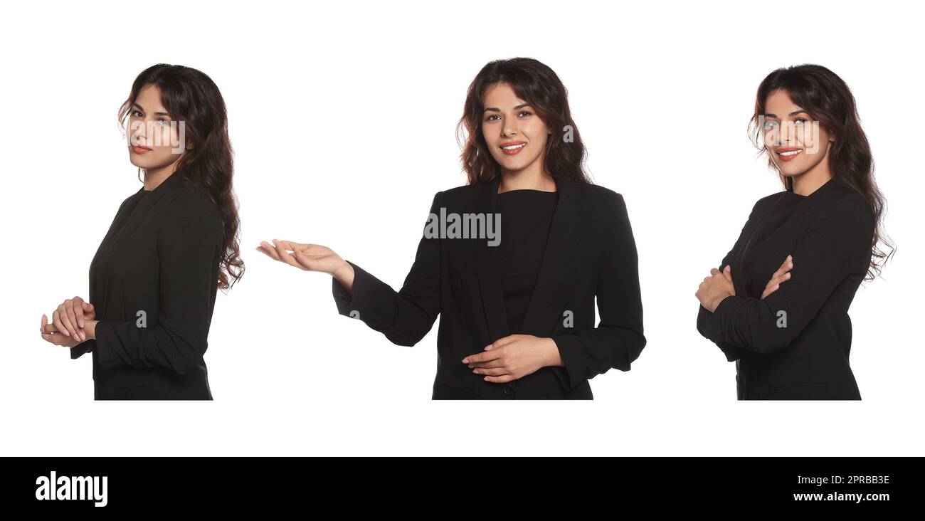 Collage with photos of hostess in uniform on white background. Banner ...