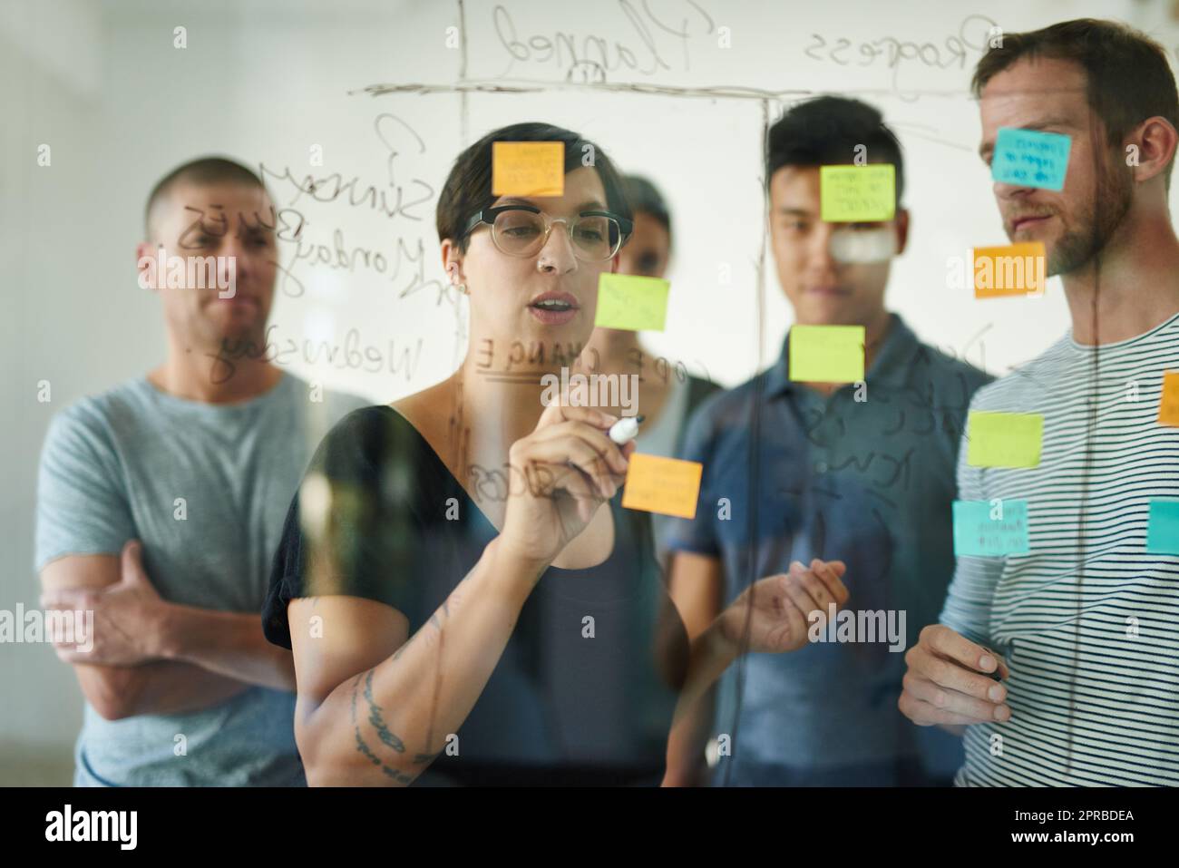 Designers planning a strategy for a group project on a glass whiteboard ...