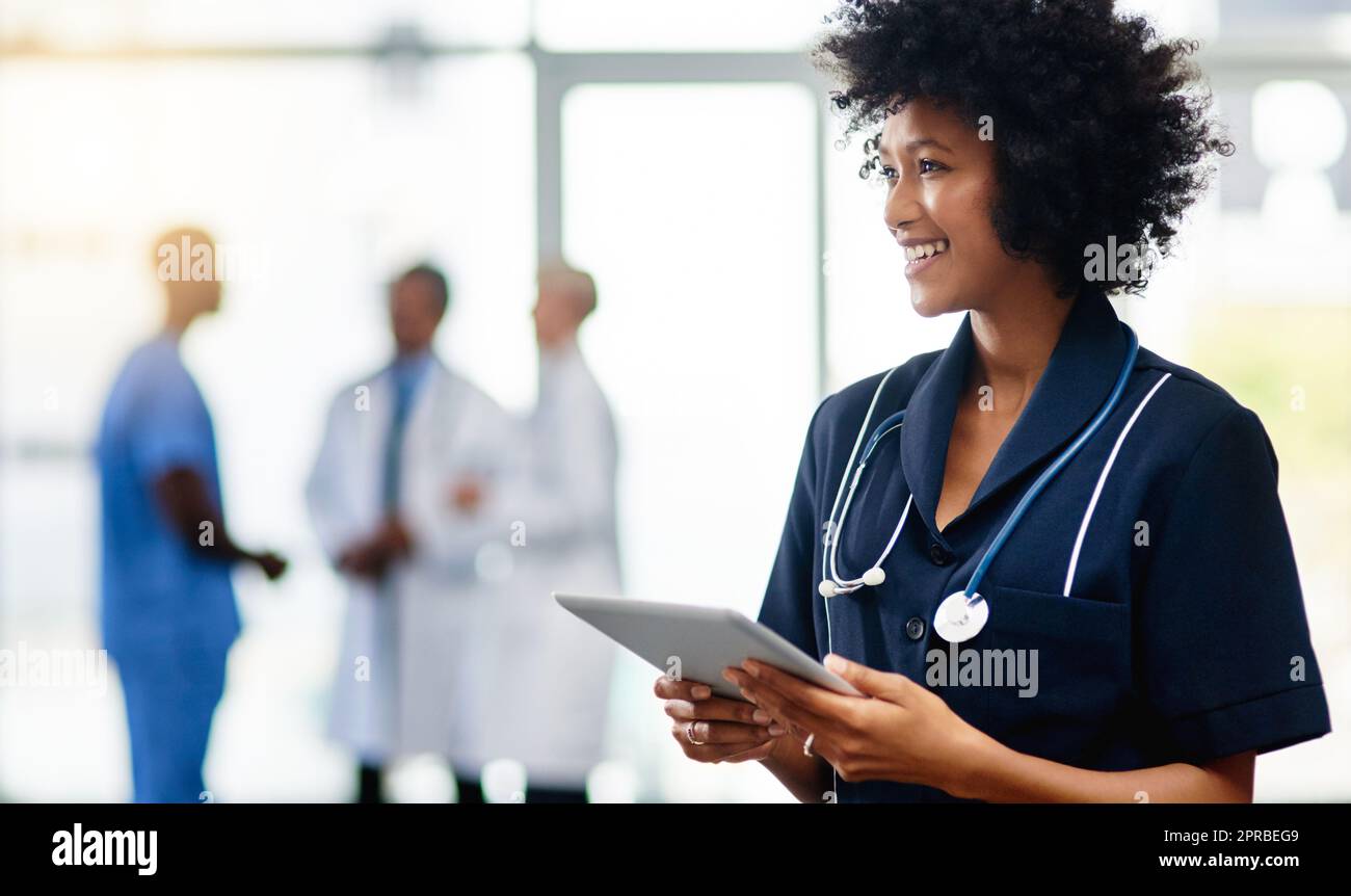 Nurse, medical professional and healthcare worker with tablet and afro ...
