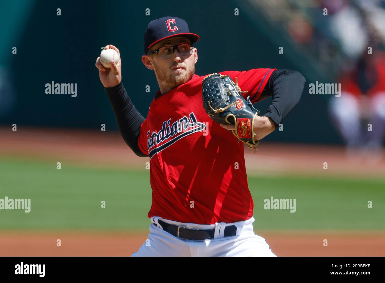 Cleveland Guardians starting pitcher Tanner Bibee throws in his major ...