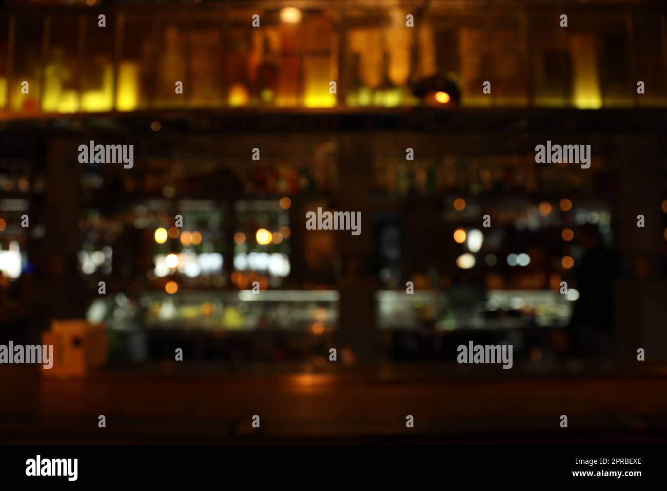 Blurred view of stylish modern bar interior with bokeh effect Stock ...