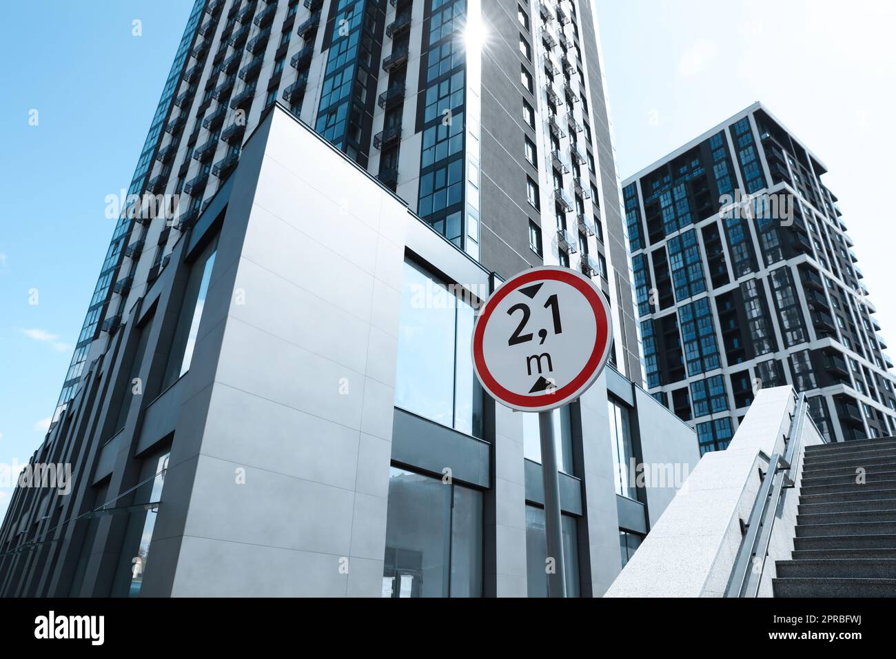 Traffic sign Height limit near modern building, low angle view Stock ...