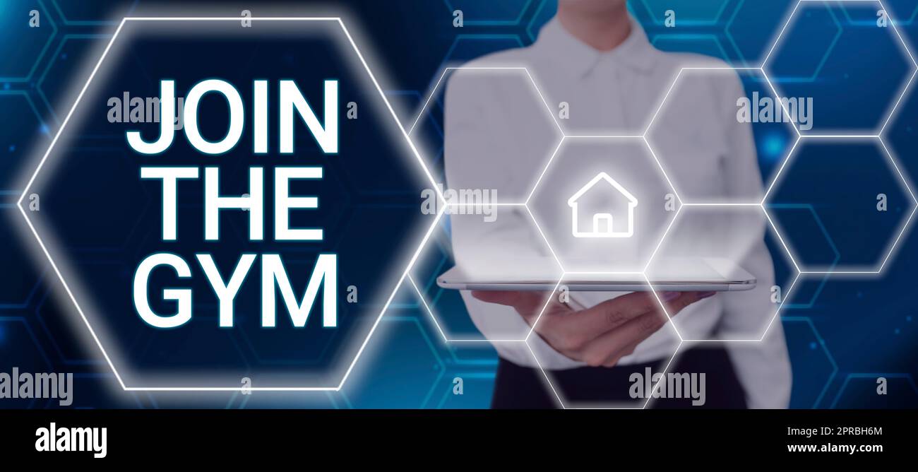 Hand writing sign Join The Gym. Word for Motivation to start working ...