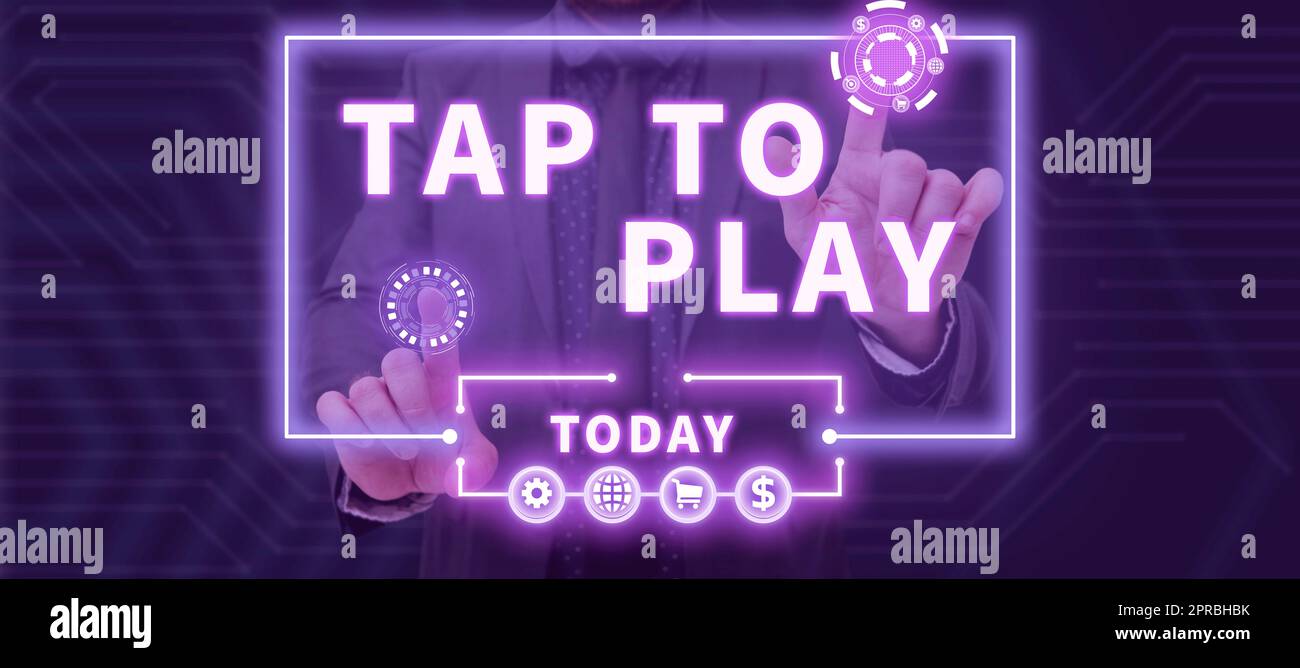 Text caption presenting Tap To Play. Conceptual photo Touch the screen ...