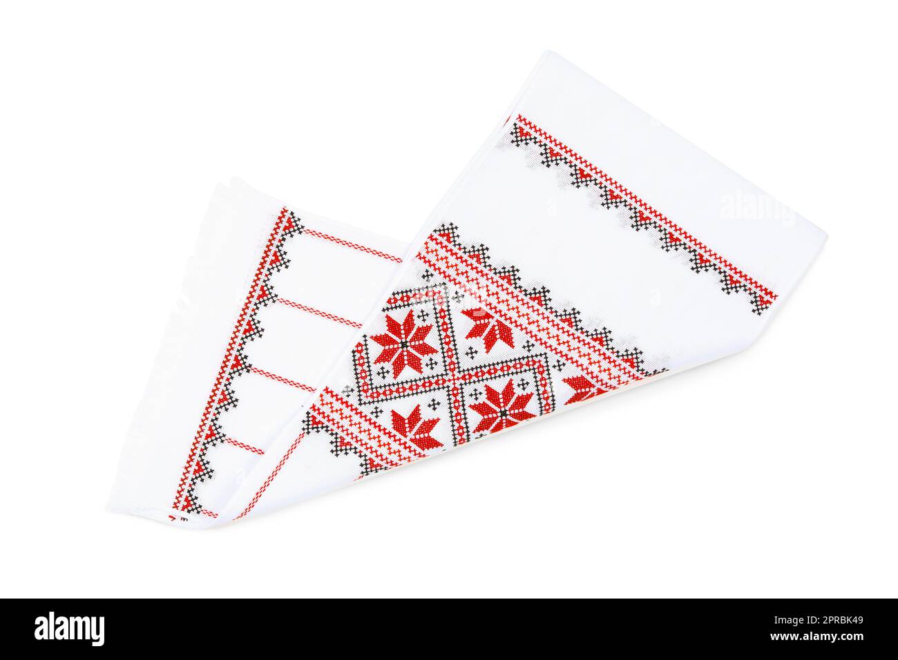 Beautiful rushnyk on white background, top view. Ukrainian national ...