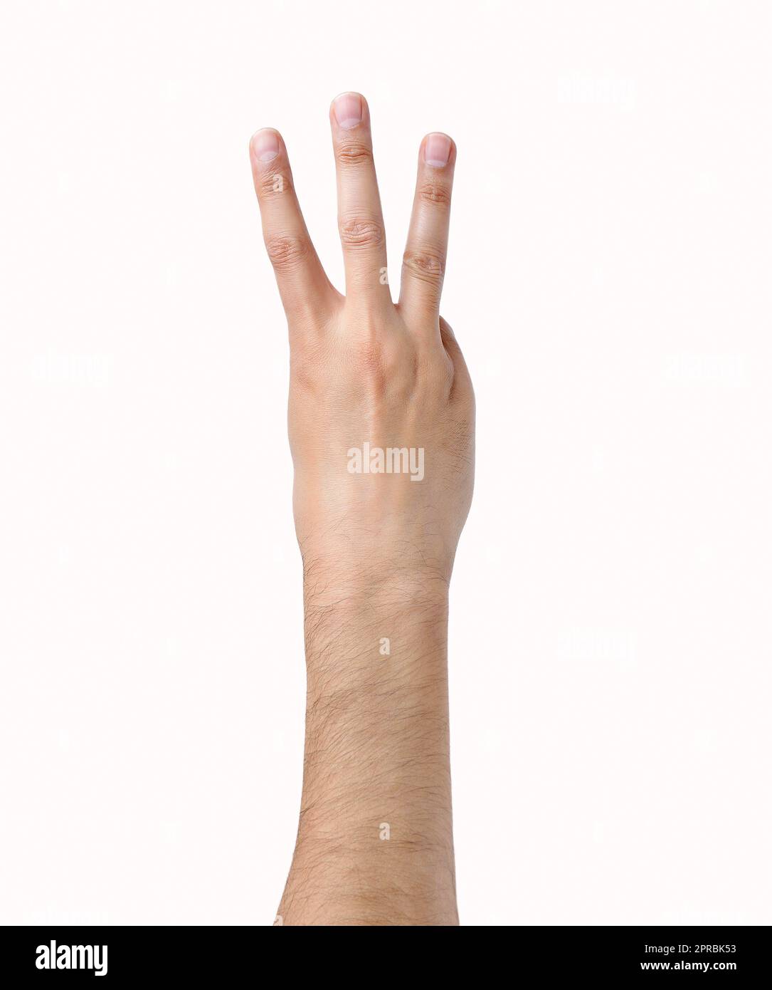 Man hand showing three fingers on a white isolated background Stock ...