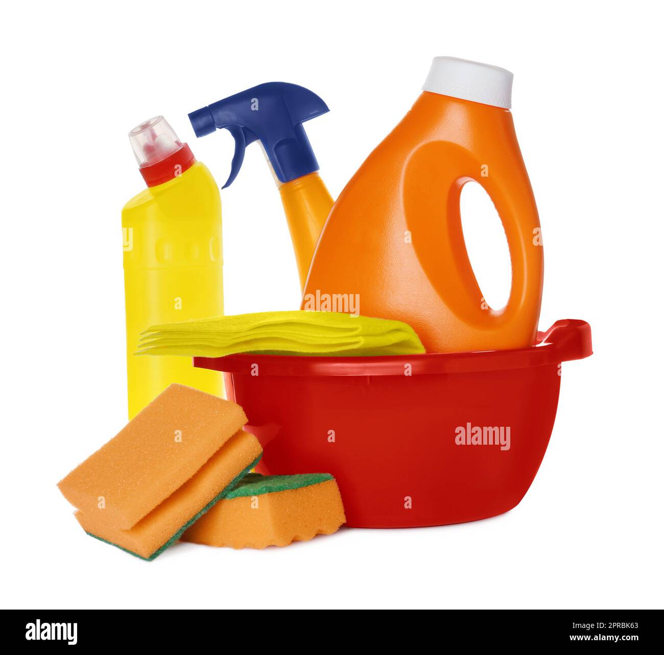 Different cleaning supplies and tools on white background Stock Photo ...