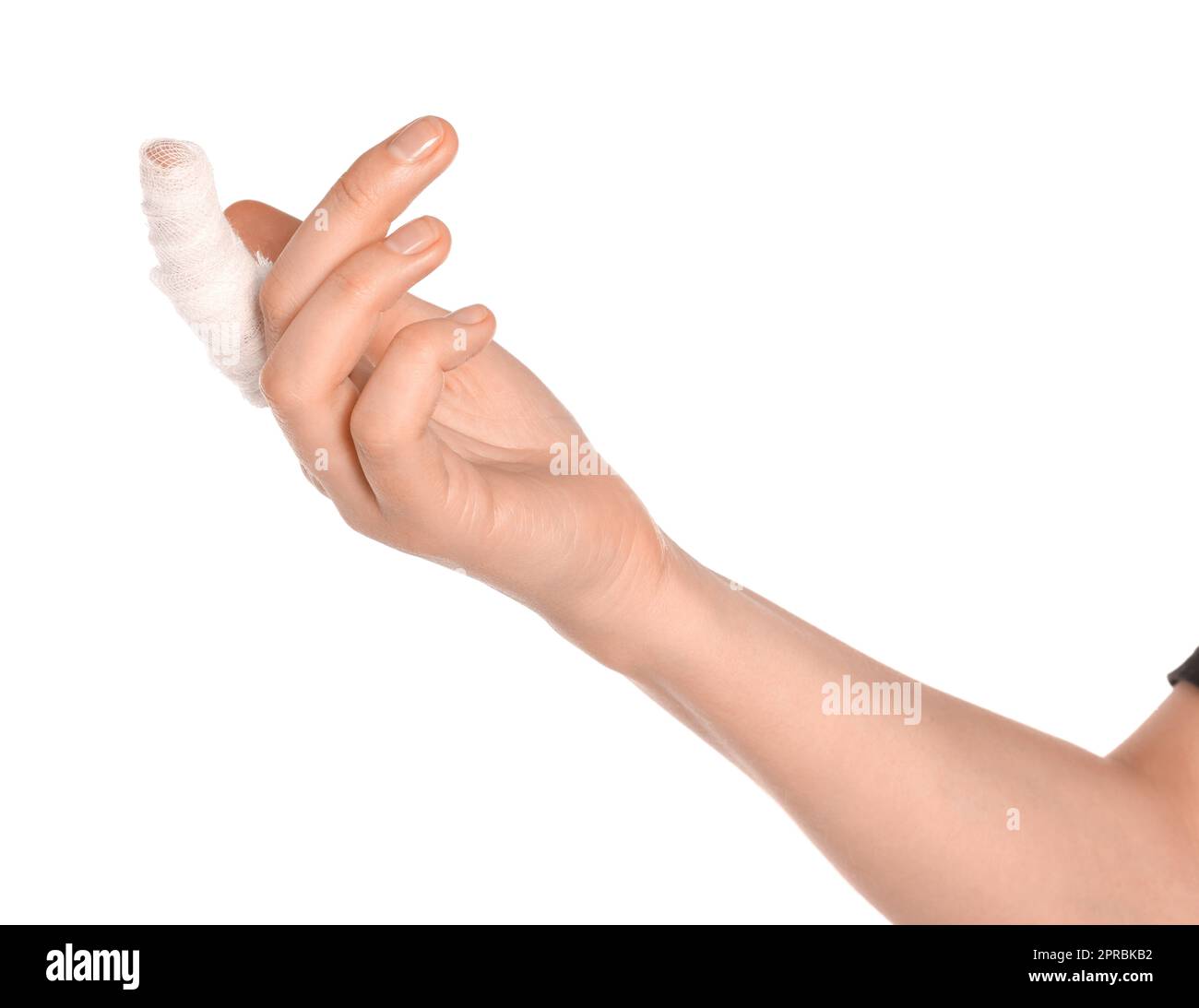 Woman with finger wrapped in medical bandage on white background ...