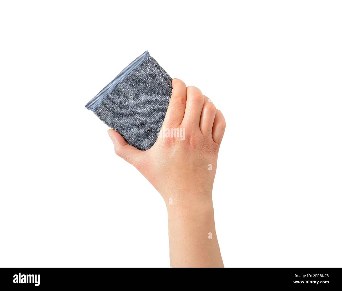 Woman hand holding a aluminum cleaning sponge isolated with white ...