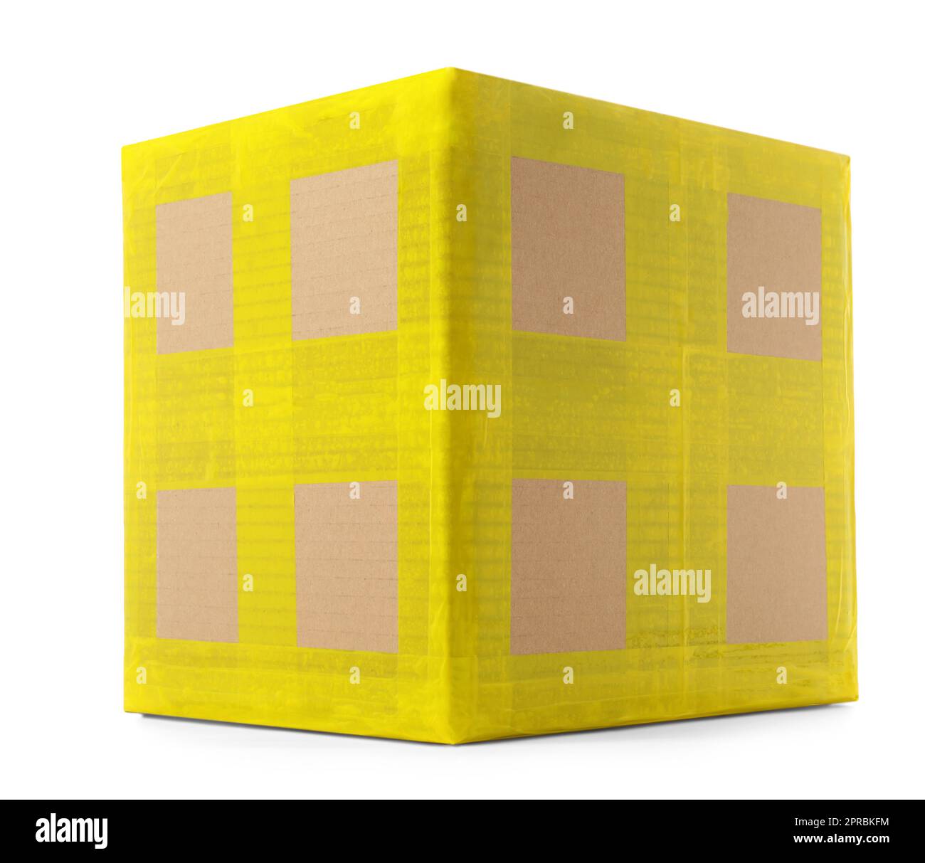 Cardboard parcel box with yellow sticky tape on white background Stock ...