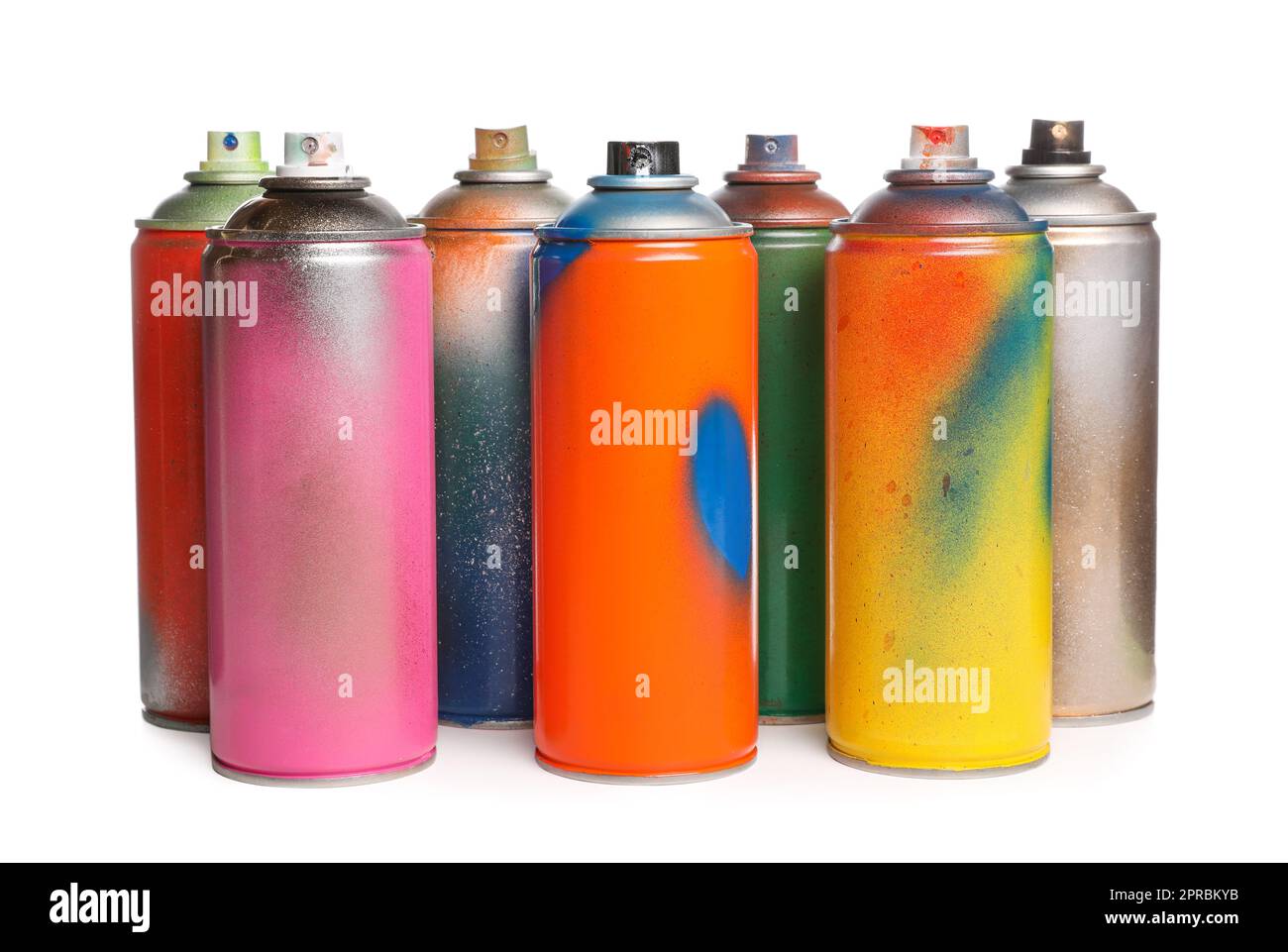Used cans of spray paints on white background Stock Photo - Alamy