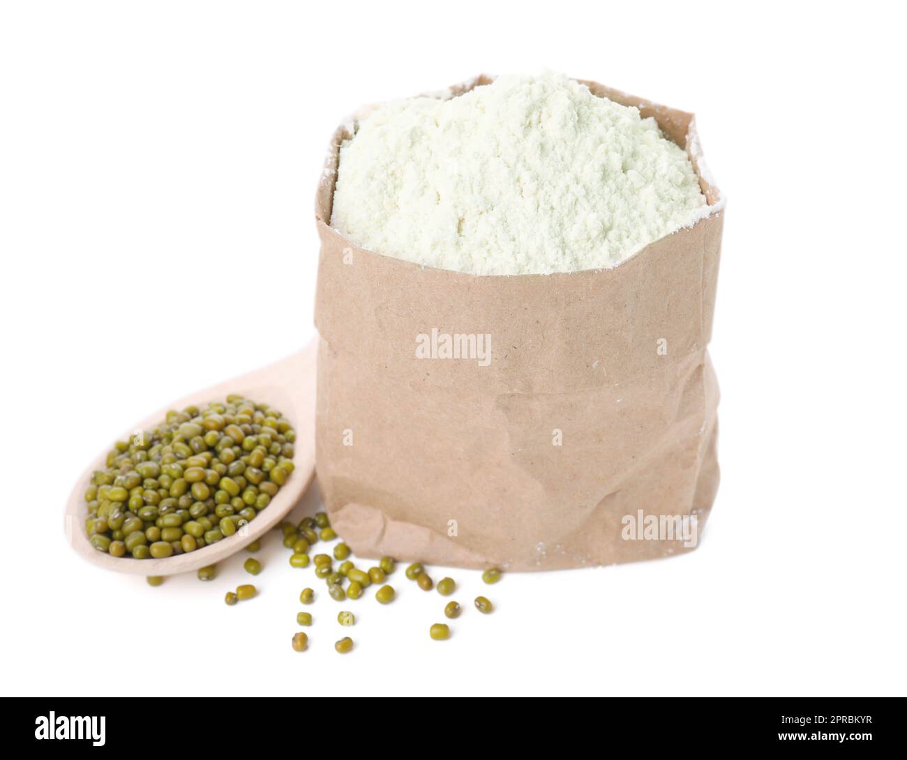 Mung bean flour in paper bag and wooden spoon with seeds isolated on ...