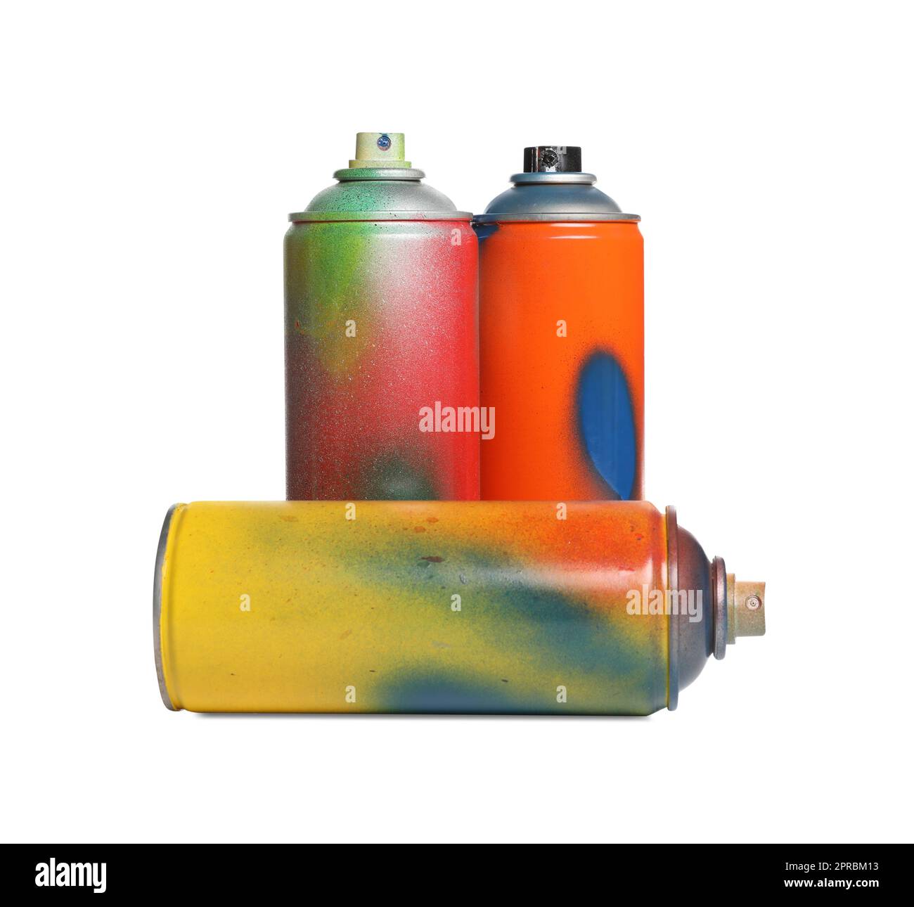 Used cans of spray paints on white background Stock Photo - Alamy