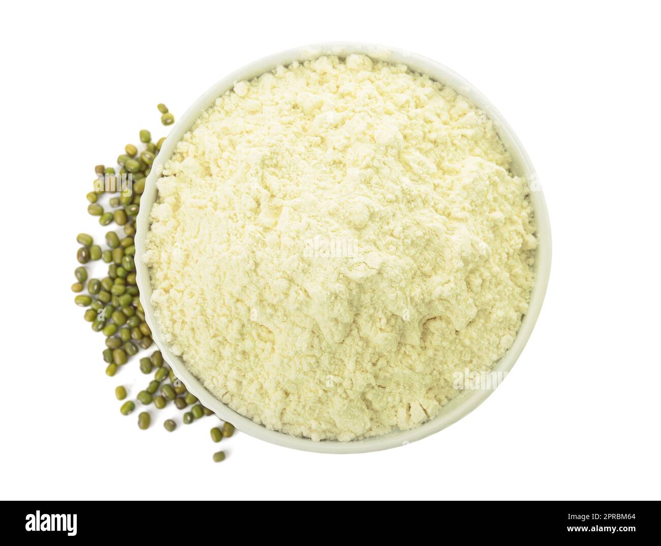 Mung bean flour in bowl and seeds isolated on white, top view Stock ...