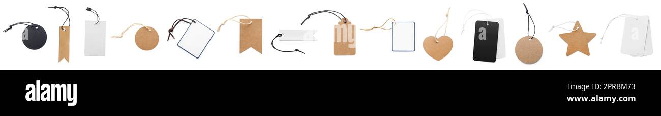 Set with different blank tags on white background, top view. Banner ...