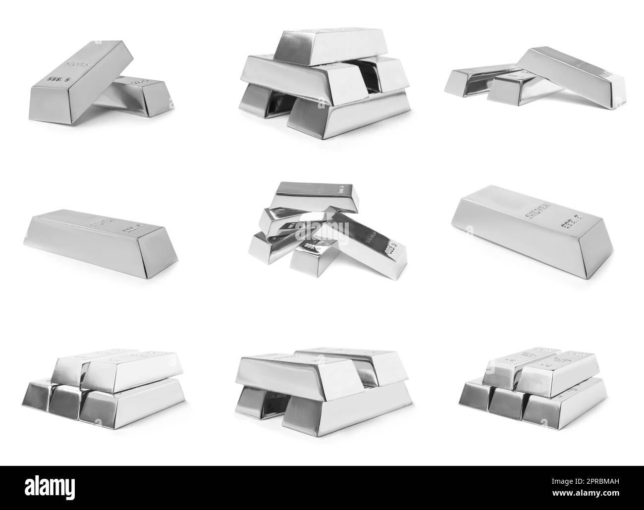 Set with shining silver bars on white background Stock Photo - Alamy