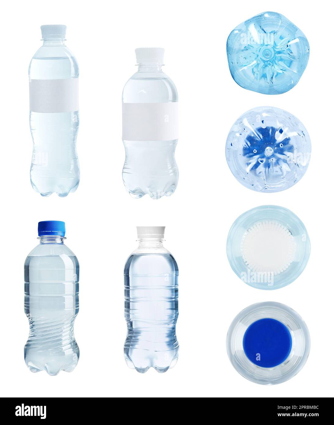 Set of different plastic bottles with pure water on white background ...