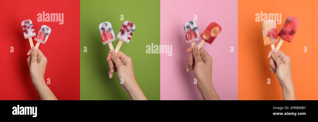 Collage with photos of woman holding berry ice popsicles on different ...