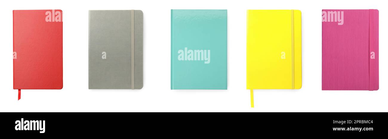 Set with stylish colorful notebooks on white background, top view ...