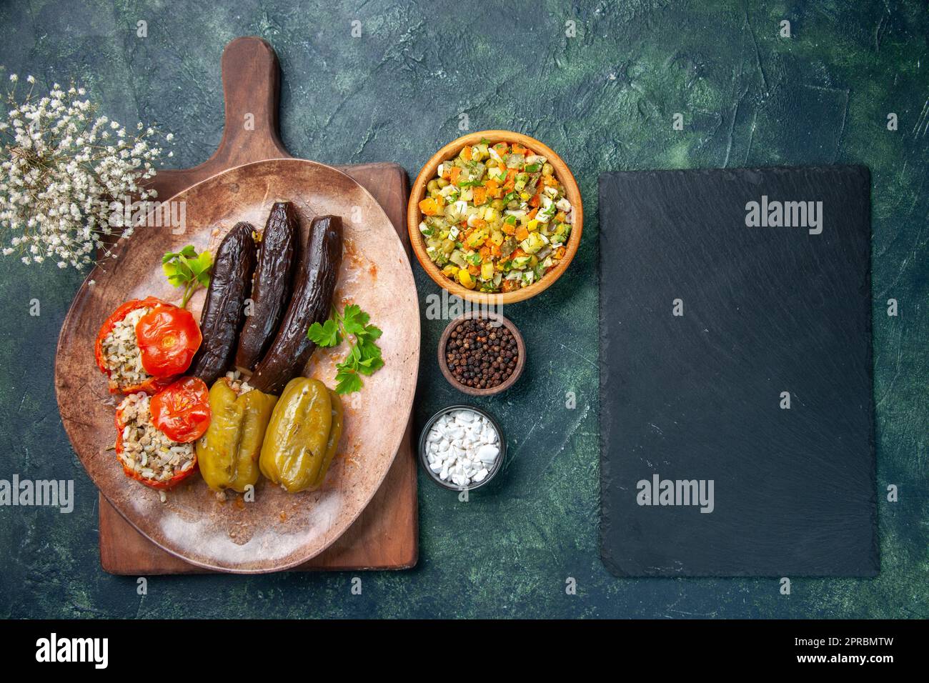top view tasty vegetable dolma on dark blue background color food dish ...