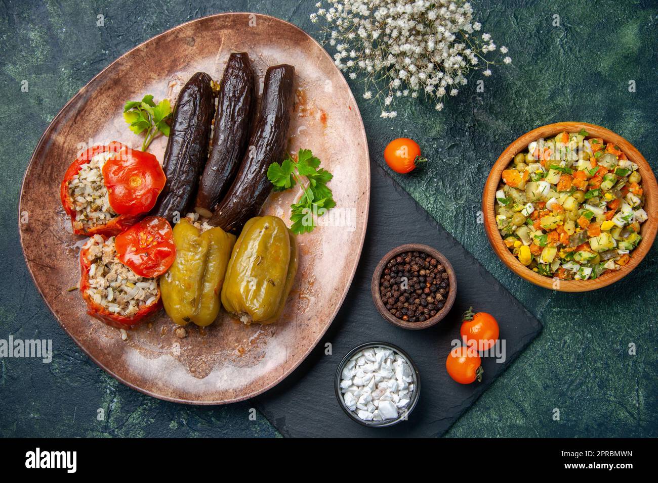 top view tasty vegetable dolma on blue background food color dish ...
