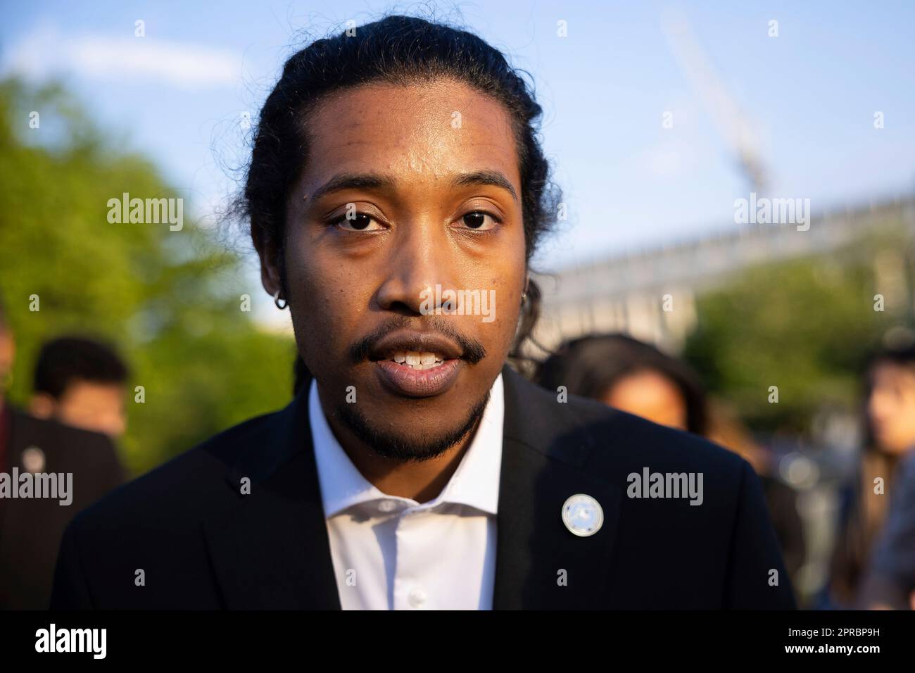 Tennessee state Rep. Justin Jones (D-Nashville) speaks with reporters ...