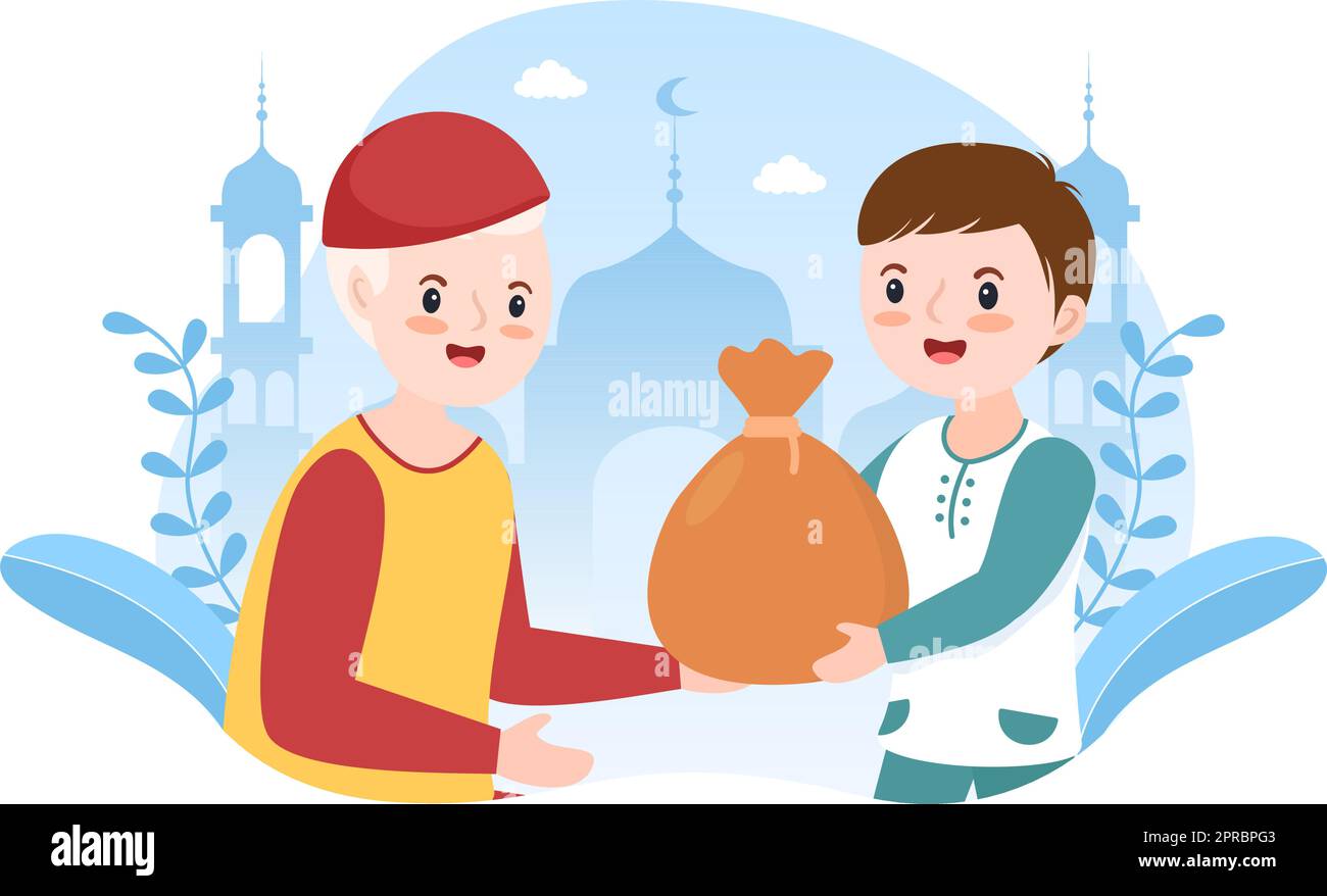 Muslim Kids Giving Alms, Zakat or Infaq Donation to a Person Who Need ...
