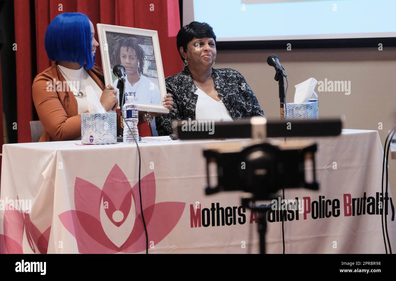 April 26, 2023: The mother of Vincent Truitt, holds a framed photo of ...