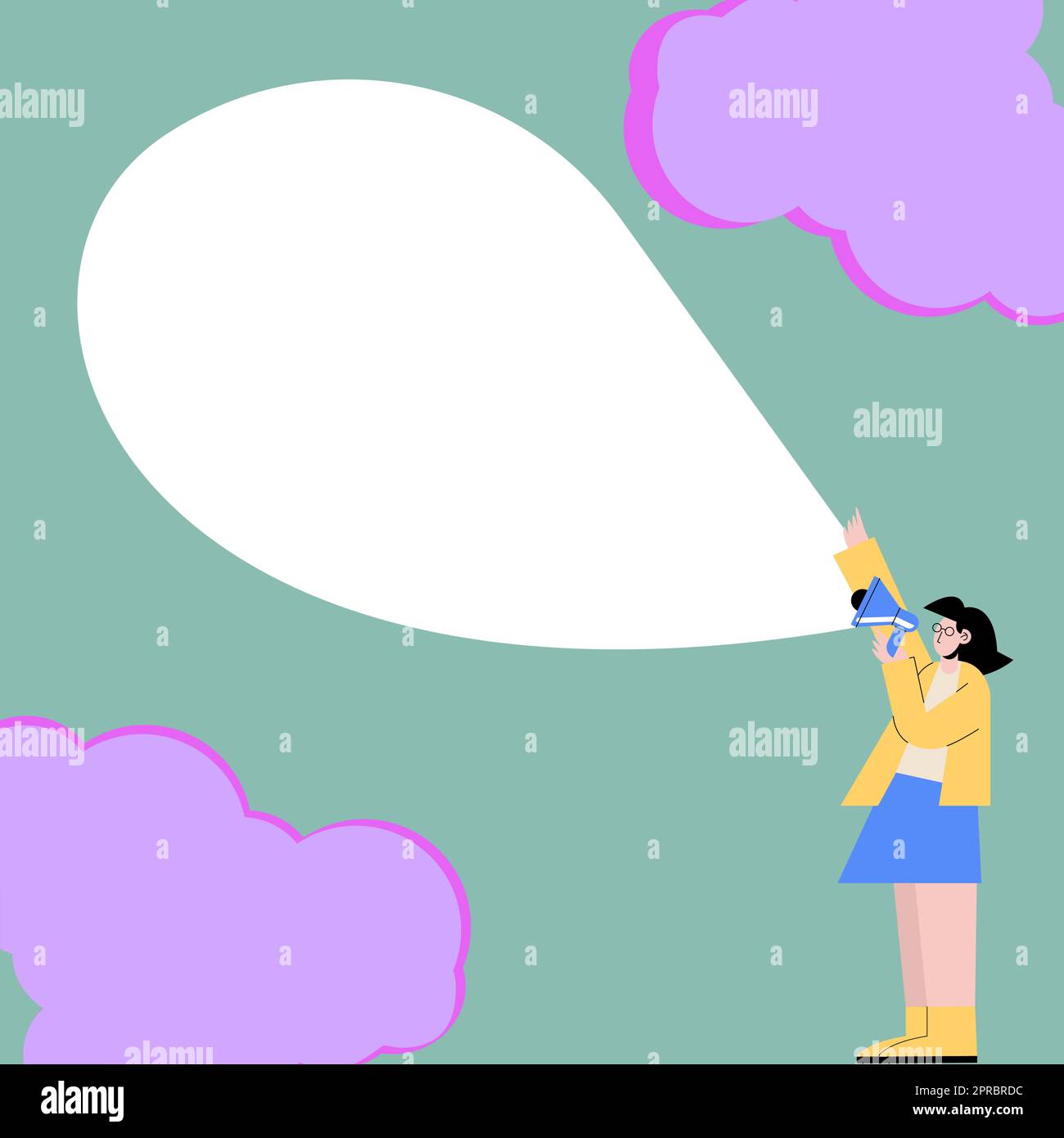 Woman Standing Drawing Holds Megaphone With Big Speech Bubble Showing ...