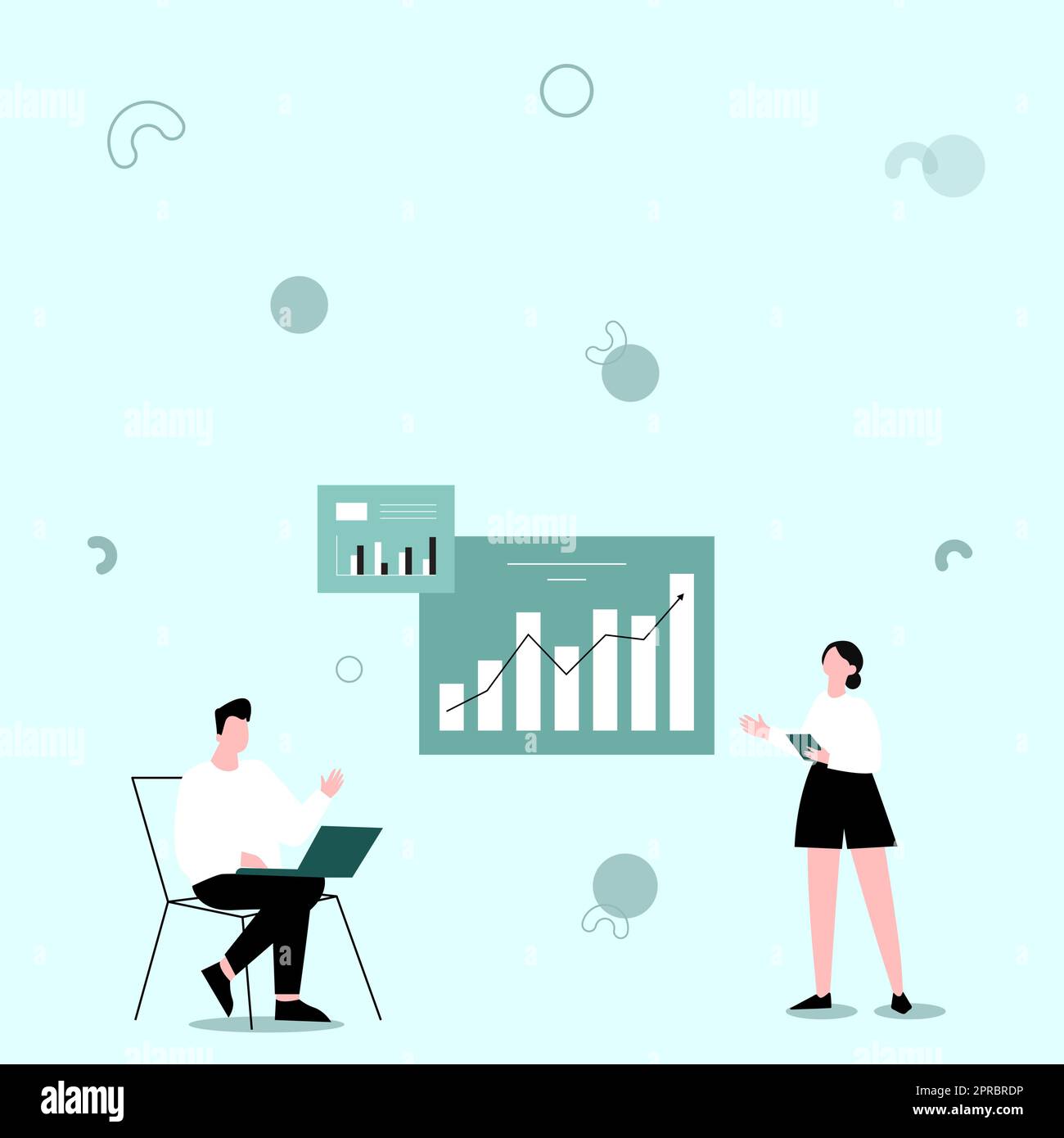 Illustration Of Man Using Laptop And Girl Standing Sharing Ideas For ...