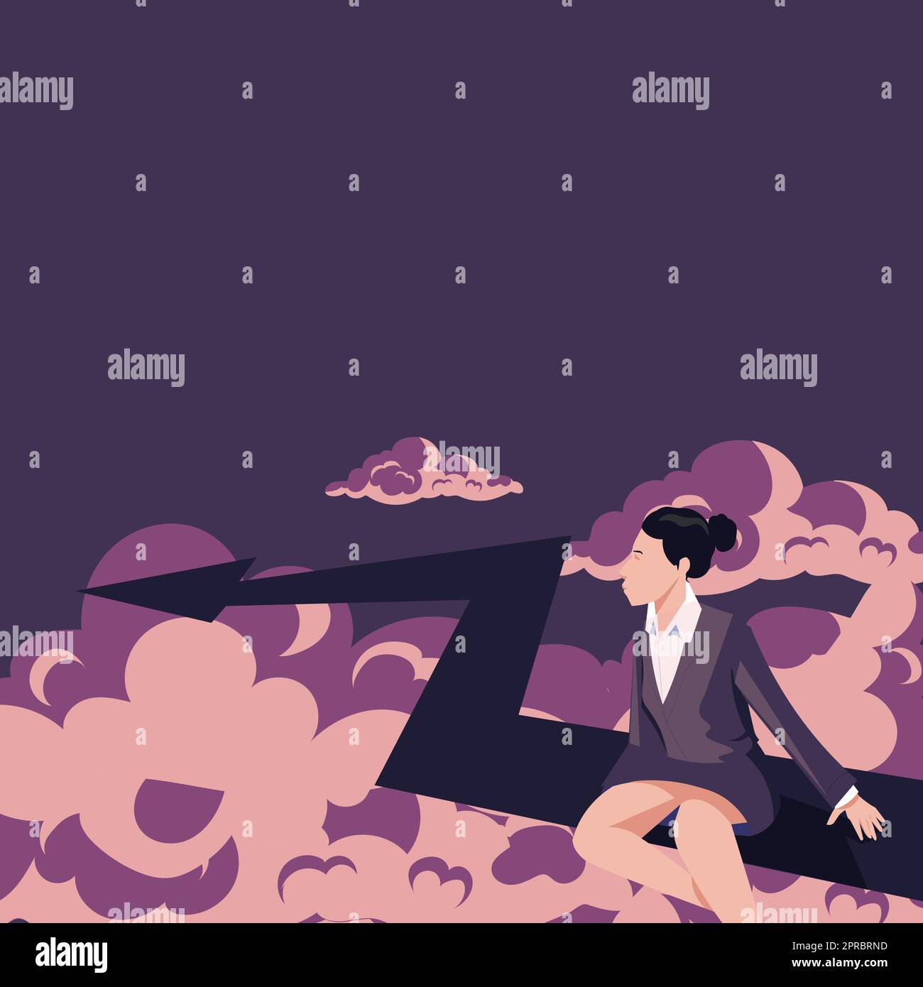 Lady Sitting Arrow Representing Financial Success. Lady Reaching Cloudy ...