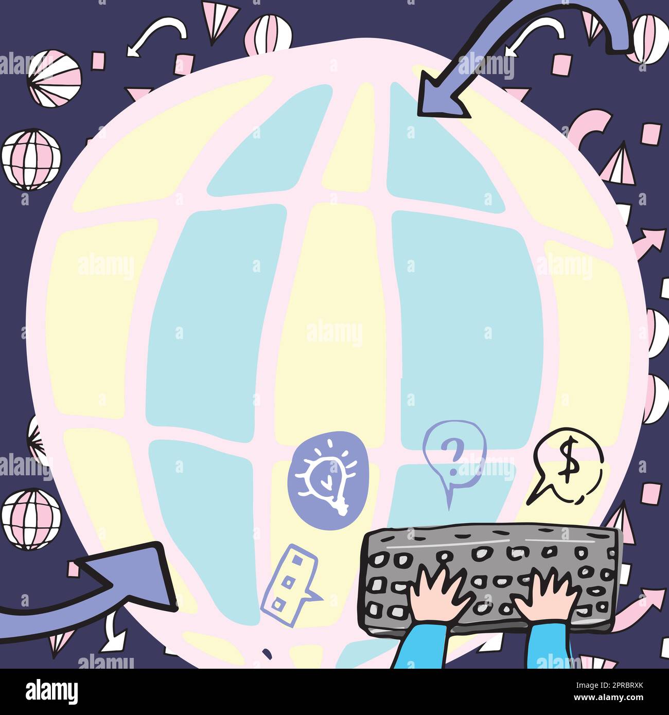 Hand Typing Keyboard Against World Globe And Arrows On Background ...