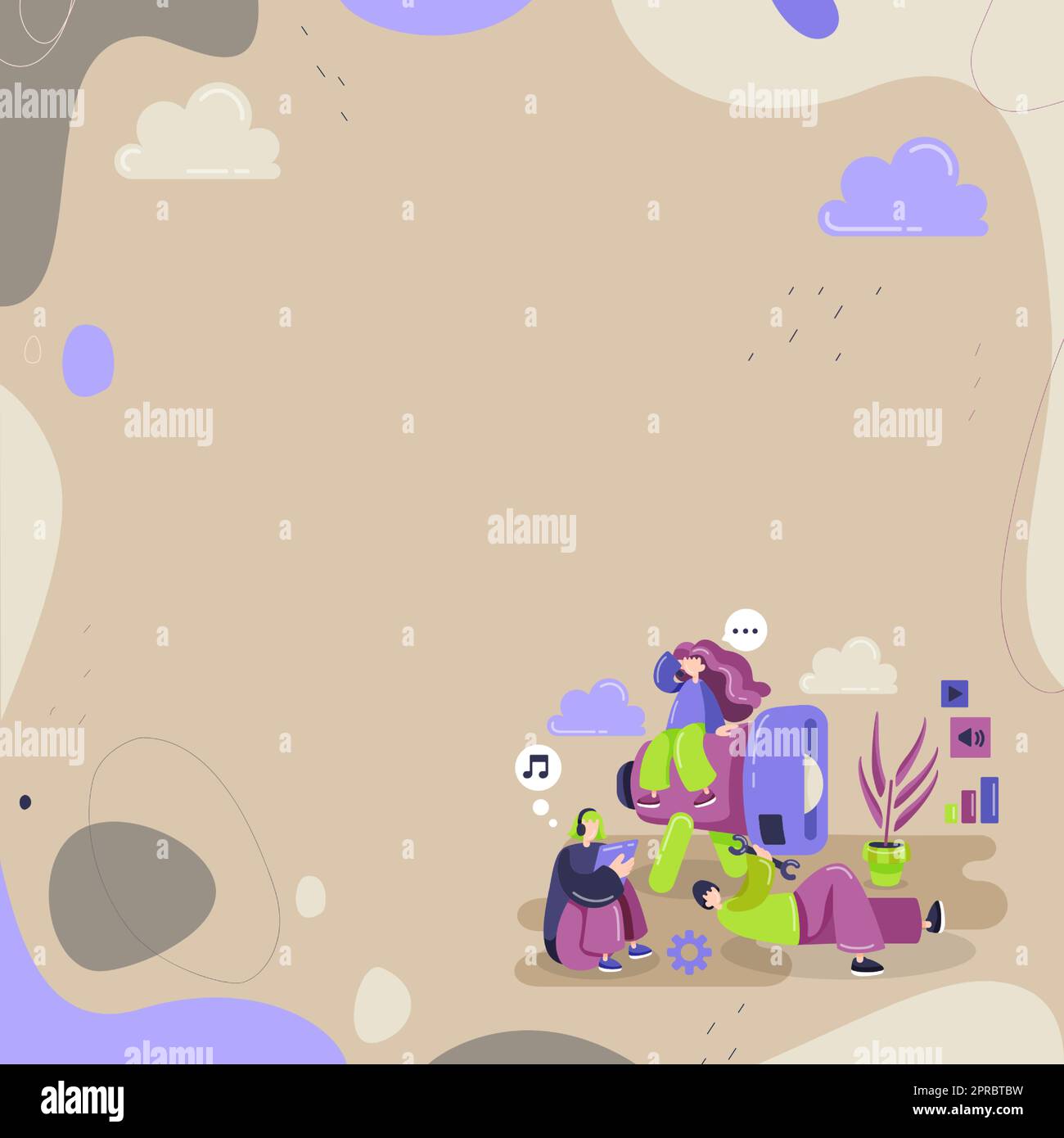 Illustration Group Relaxing Listening Music Fixing Megaphone. Three ...